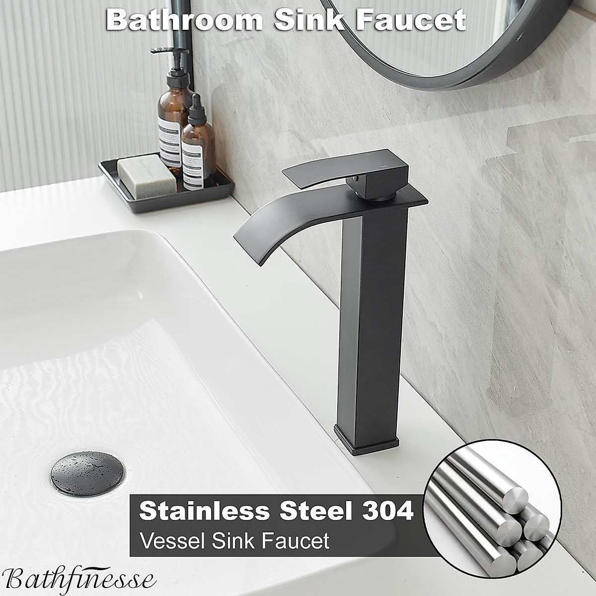 Bathfinesse Vessel Sink Faucet Waterfall Bathroom Faucet Matte Black Stainless Steel Tall Single Handle One Hole Deck Mount Bowl Vanity Sink Faucet with Pop-up Drain Stopper
