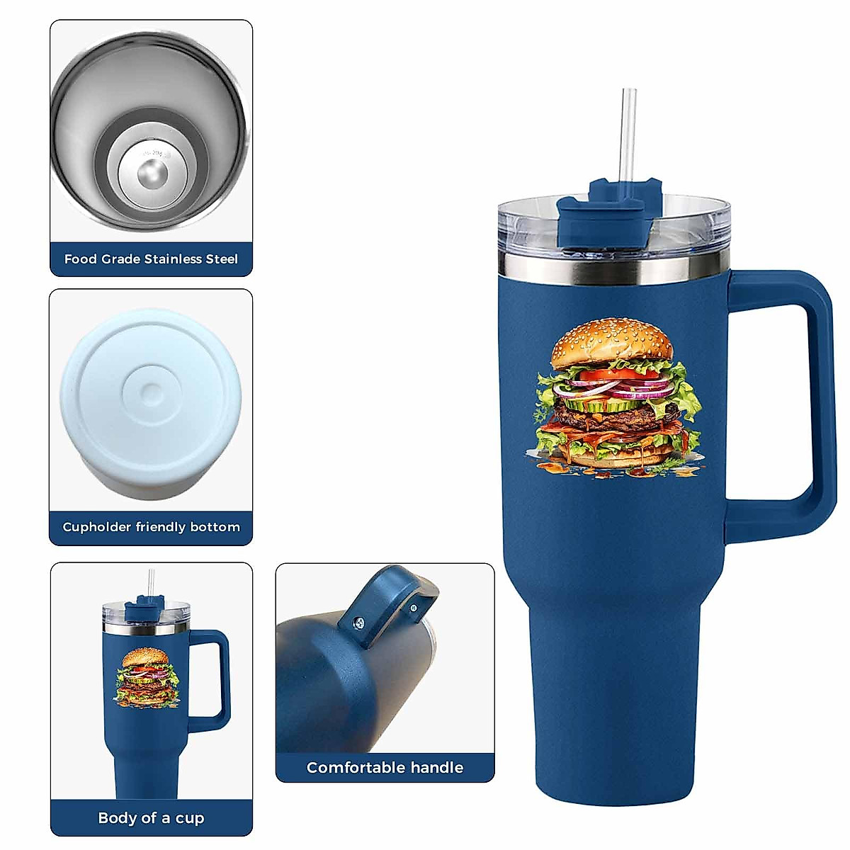 40 Oz Insulated Tumbler with Handle and Straw,Classical Beef Burgers Stainless Steel Vacuum Insulated Travel Mug,Leak-proof Water Bottle Iced Coffee Cup,Western Cuisine Vegetable