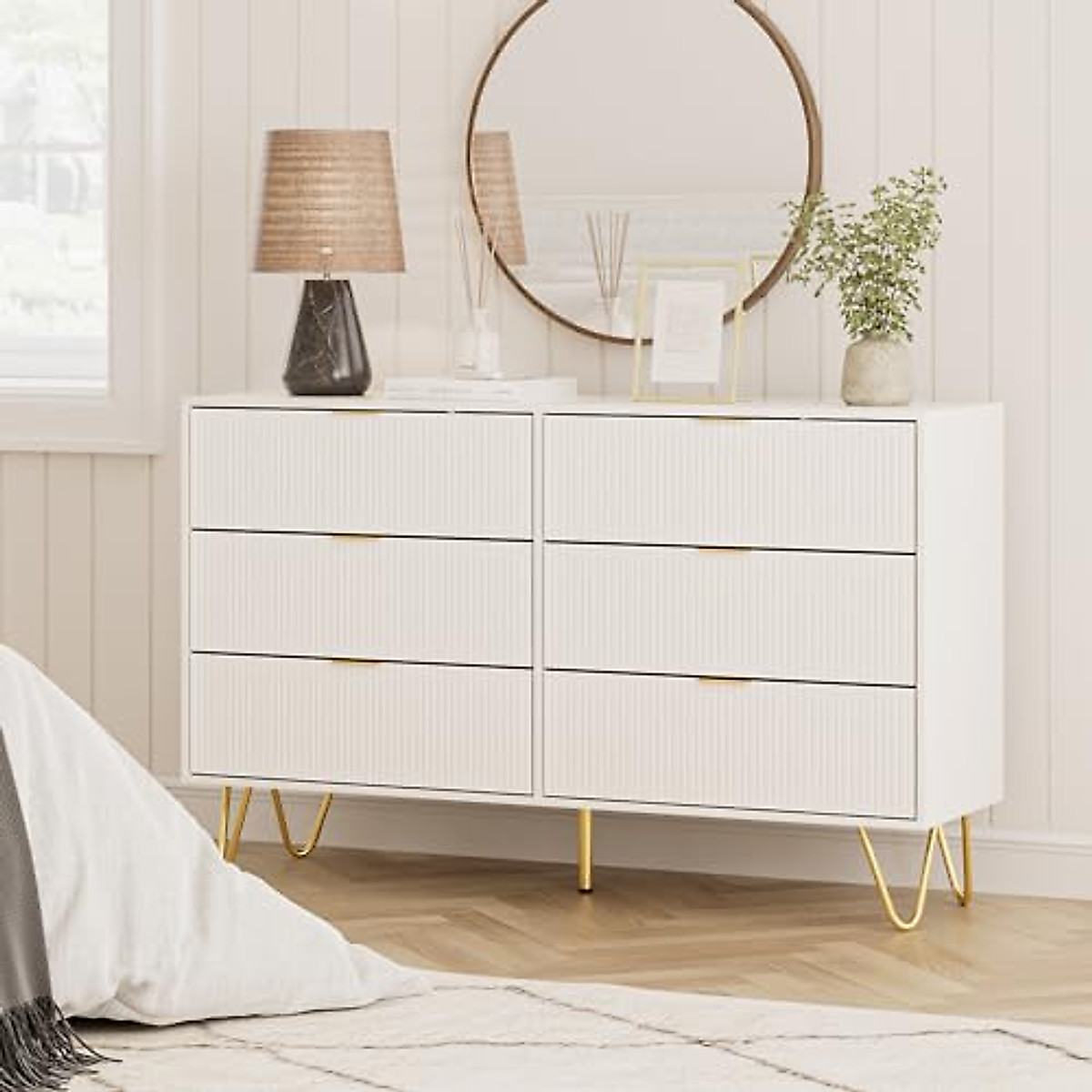 Aobafuir 6 Drawer Dresser, Drawer Chest, Tall Storage Dresser Chest Cabinet Organizer Unit with Metal Legs, Large Dresser for Bedroom, Living Room, Closet, Hallway White Stripe