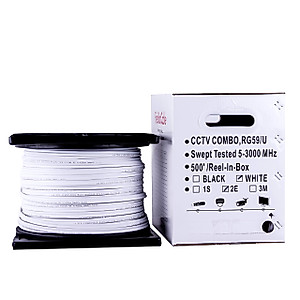 FIVE STAR Cable 500 ft. RG59 Siamese CCTV Combo Coaxial Cable - 20AWG RG59 Video + 18/2 18AWG Power for Surviellance Security System (500 Ft, White)