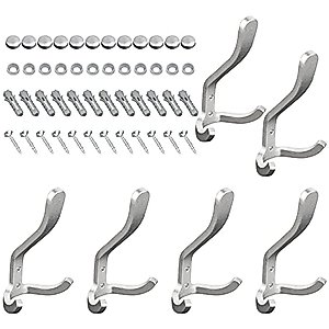 MYCENSE 6X Heavy Duty Double Prong Coat Hooks Entryway s, with 12 Screws for Bath Towel, Jacket, Hat, Scarf, Towel, Silver