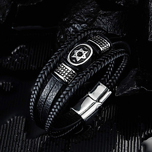 TEMICO Mens Black Leather Cuff Bracelet Multi-Layer Braided Leather Magen Star of David Bracelet Jewish Jewelry