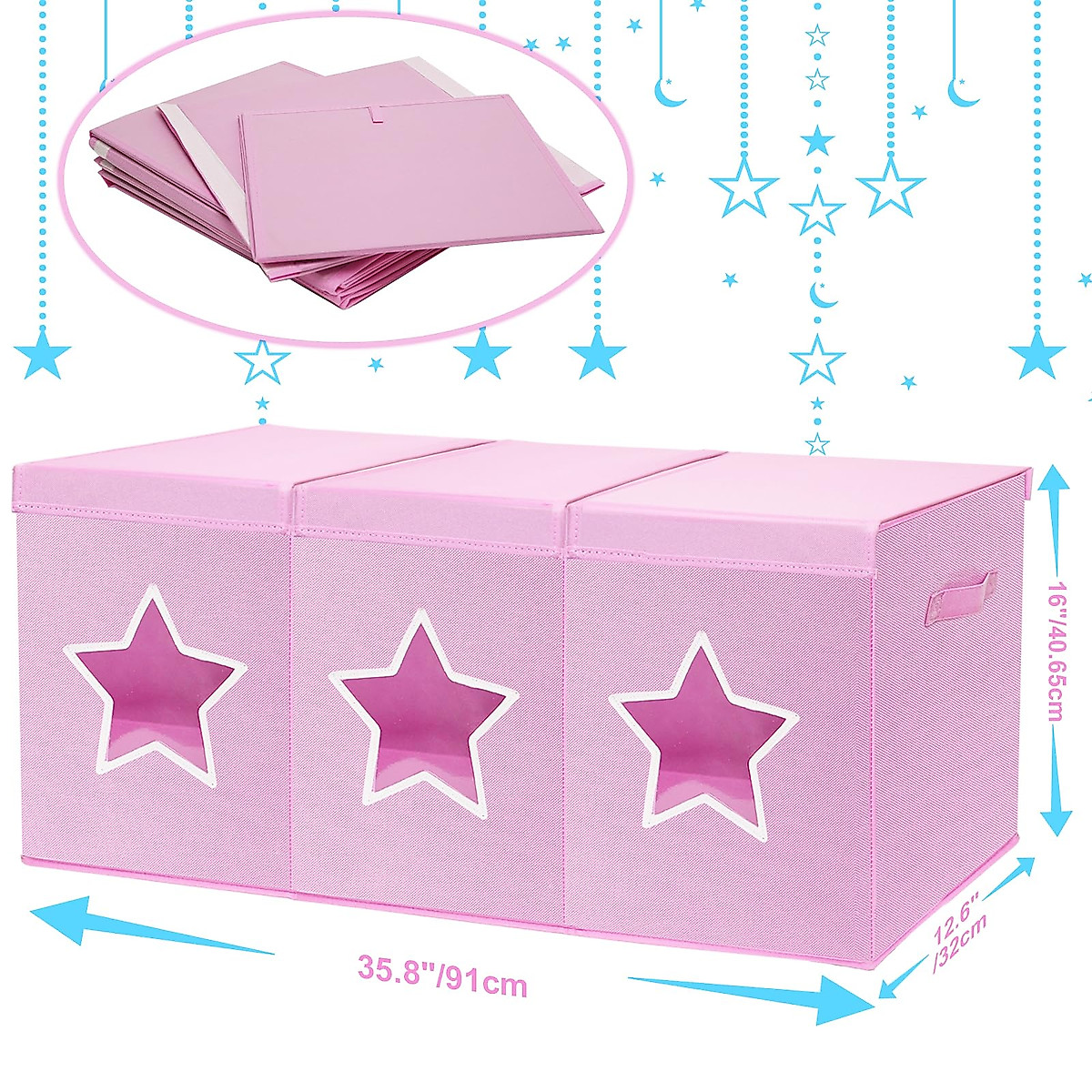 Xmasorme Extra Large Toy Box Chest, Toy Storage Organizer Bins with Transparent Windows, Foldable Storage Box for Kids,Boys,Girls,Toddler,Nursery Room,Playroom(Light Pink Star)