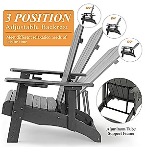 Leteuke Adirondack Chair with Ottoman, Oversized Adirondack Chair with Adjustable Backrest and 2 Cup Holder, Weather Resistant Adirondack Chair for Patio, Outdoor, Fire Pit, Garden, Deck, Dark Gray