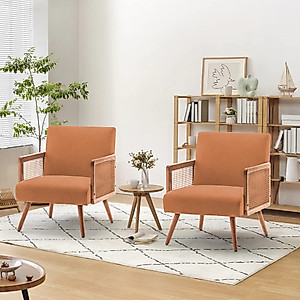 SHINEBOOM Accent Chair with Rattan Arms, Upholstered Mid Century Modern Chair for Bedroom Living Room Reading Chairs Rattan Armchair, Linen Comfy Lounge Chairs Side Chair, Orange
