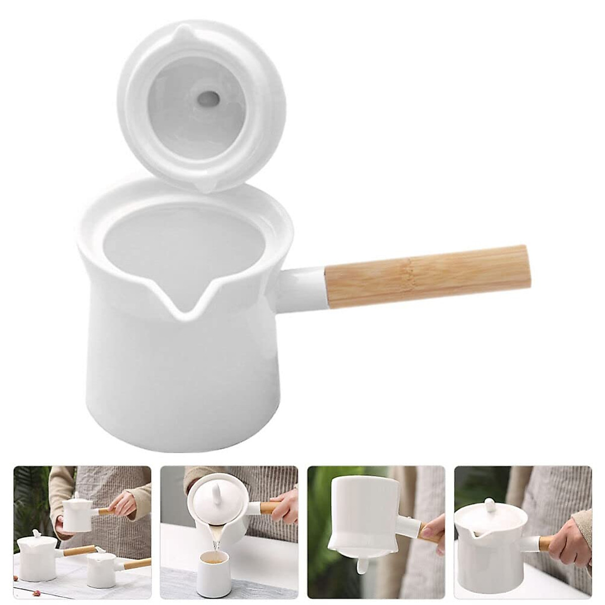 BESTonZON Ceramic Milk Warmer Pot 350ml Enamel Milk Pan Non-stick Milk Saucepan with Lid Porcelain Coffee Pot Food Bowl Butter Warmer with Wooden Handle for Heating Liquid Appetizer