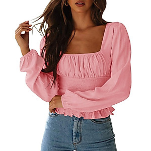 CNJFJ Women's Elegant Long Sleeve Square Neck Shirt Sexy Frill Smock Crop Top Blouses
