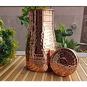 Indian Art Villa Pure Copper Bedroom Water Bottle With Inbuilt Glass & Hammered Shine Design, Drinkware, Storage Purpose, Volume-37 Oz