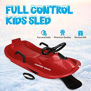 Slippery Racer Downhill Derby Flexible Kids Toddler Plastic Toboggan Steerable Plastic Snow Sled with Built-In Brakes and Steering Wheel, RED