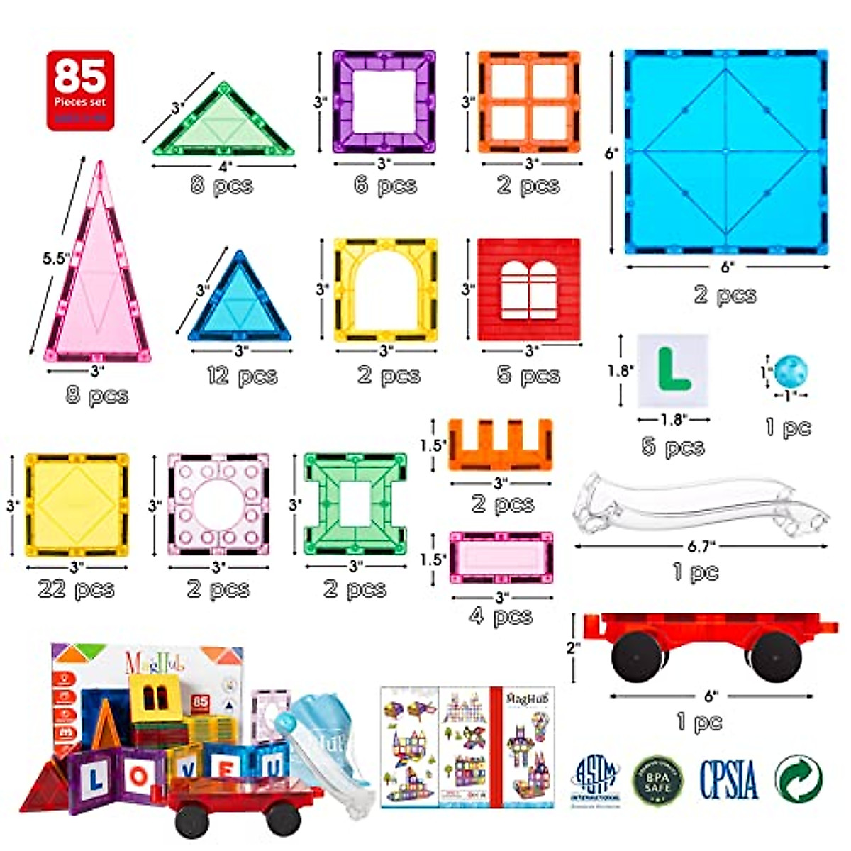 MagHub Magnetic Tiles 85 PCS Magnetic Blocks for Kids, 3D Magnetic Building Blocks, Magnetic Stacking Toys Construction Kit,STEM Toys Gift for Toddlers Children Boys Girls Ages 3 4 5 6 7 8+ Year Old