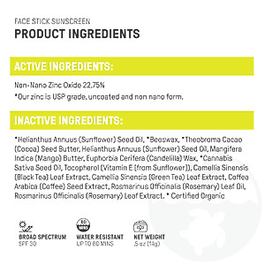 Raw Elements Face All-Natural Mineral Sunscreen Stick, Non-Nano Zinc Oxide, 95% Organic, Water-Resistant 80 Min, Reef Safe, All Ages Safe, SPF 30+, Travel Sunblock 0.5 oz