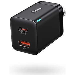 USB C Charger, Baseus 30W Dual Port USB C Charger Block, Fast Compact PD Charger with Foldable Plug for iPad Pro/Air/Mini, iPhone 14/14 Pro/14 Pro Max/13 Pro/12/SE/11/XR/XS, Samsung, Pixel 6, Black