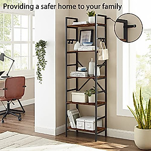 Luckyeestar 5 Tier Tall Bookshelf, Bookcase Shelf Storage Organizer, Modern Book Shelf for Bedroom, Living Room and Home Office, Wood & Metal (Rustic Brown)