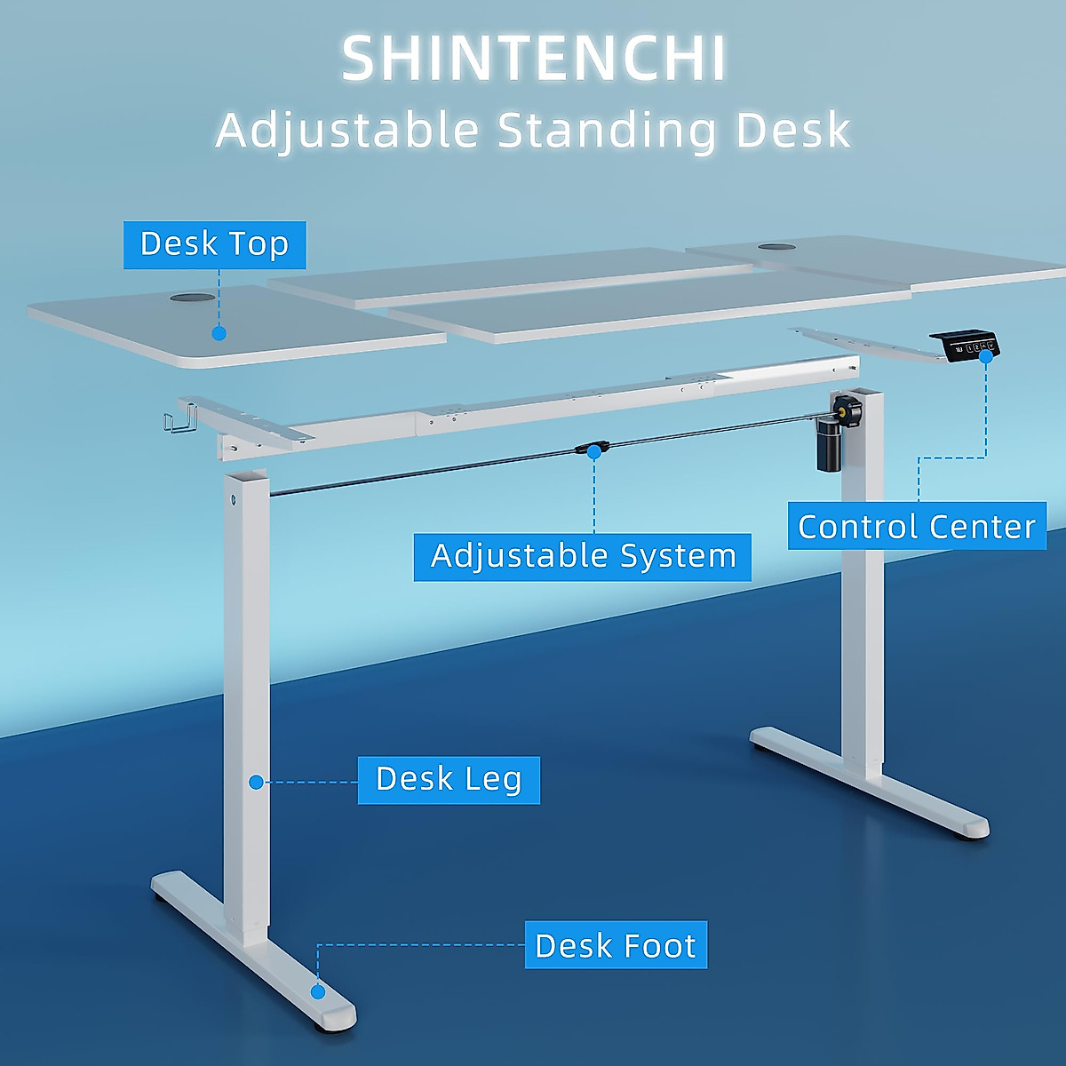 Shintenchi Electric Standing Desk, 63 x 24 Inch Height Adjustable Sit Stand Desk Morder Home Office Stand Up Desk Computer Work Station with Splice Board, (White Frame + White Top)