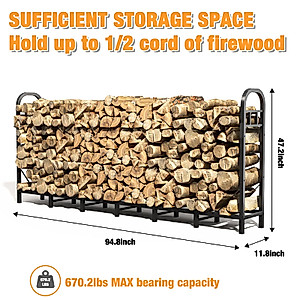 GREENER 8FT Firewood Rack Outdoor Heavy Duty Wood Rack for Firewood Indoor Log Holder for Fireplace, Fire Wood Holder Metal Lumber Storage Carrier Firewood Log Rack Stand Stacker for Patio Porch Black