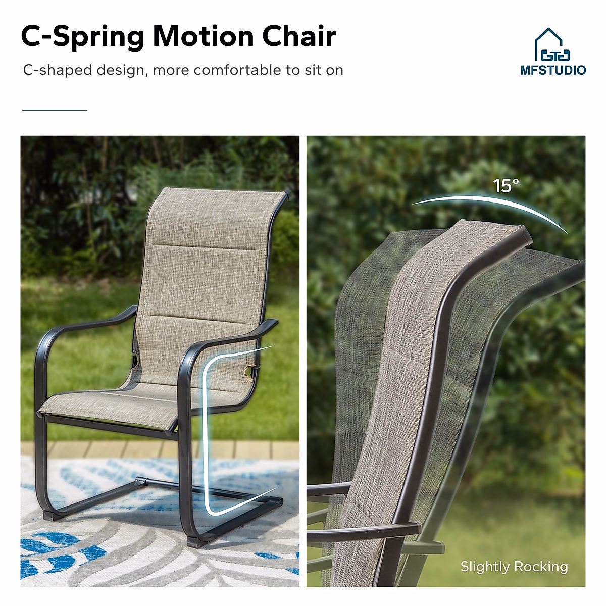 MFSTUDIO Patio Dining Chairs Set of 4, Padded Textilene Patio Chairs C Spring Outdoor Dining Chairs, High Back Sling Outdoor Chairs for Backyard Deck, 300LBS