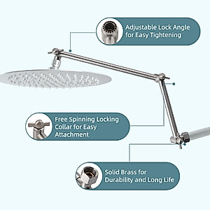iFealClear Adjustable Shower Head Extension Arm, 16" Brass Shower Head Extender Lower Raise Rain & Fixed Showerhead to Your Height/Angle, G1/2 Shower Arm Extension with Lock Joint, Brushed Nickel