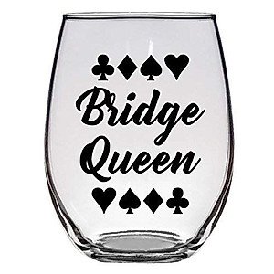 Bridge Card Game Player Prize - Bridge Queen - Gift for Grandma - Premium 21oz Stemless Wine Glass