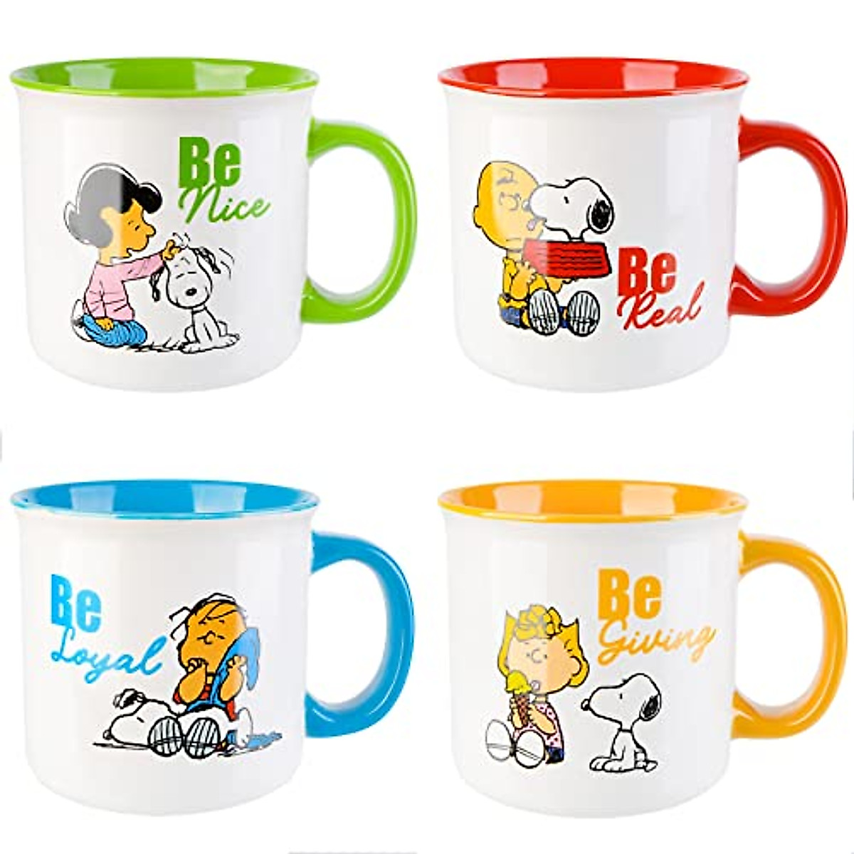 Peanuts Snoopy Gentle Reminders Camper 21oz Mugs, Stoneware, 4-Pack, Assorted Colors