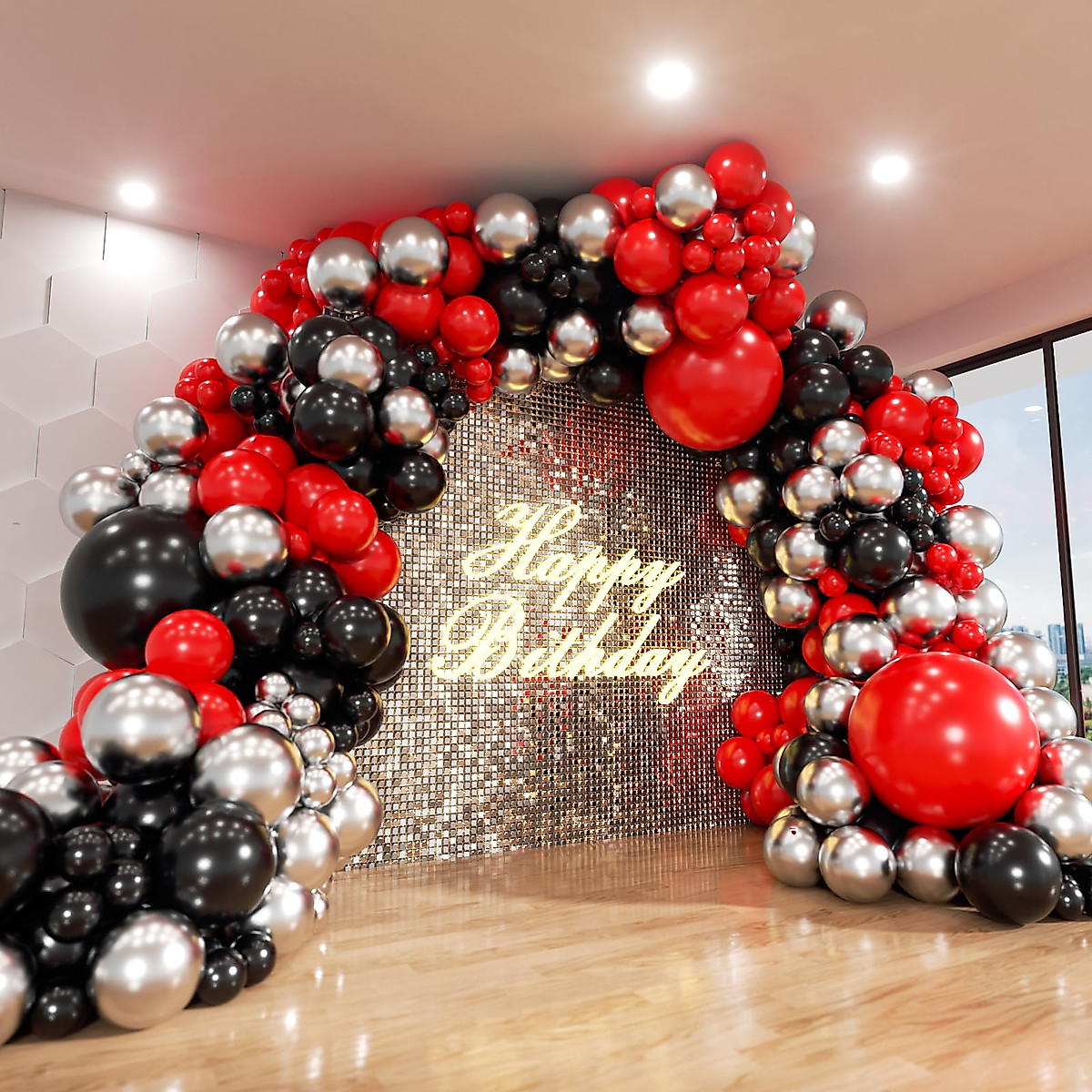 Red and Black Balloons Arch Kit, ADOINBY 140Pcs Matte Red Black Metallic Silver Garland kit, 18 12 10 5 Inch Different Size Balloons for Birthday Party Anniversary Wedding Graduation Prom Decorations