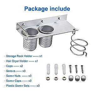 Hair Dryer Holder Wall Mount, Toothbrush Hairdryer Holder Organizer Storage Handing Rack, Upgrade Special Aluminum, Bathroom Hanging Rack Organizer with 2 Cups