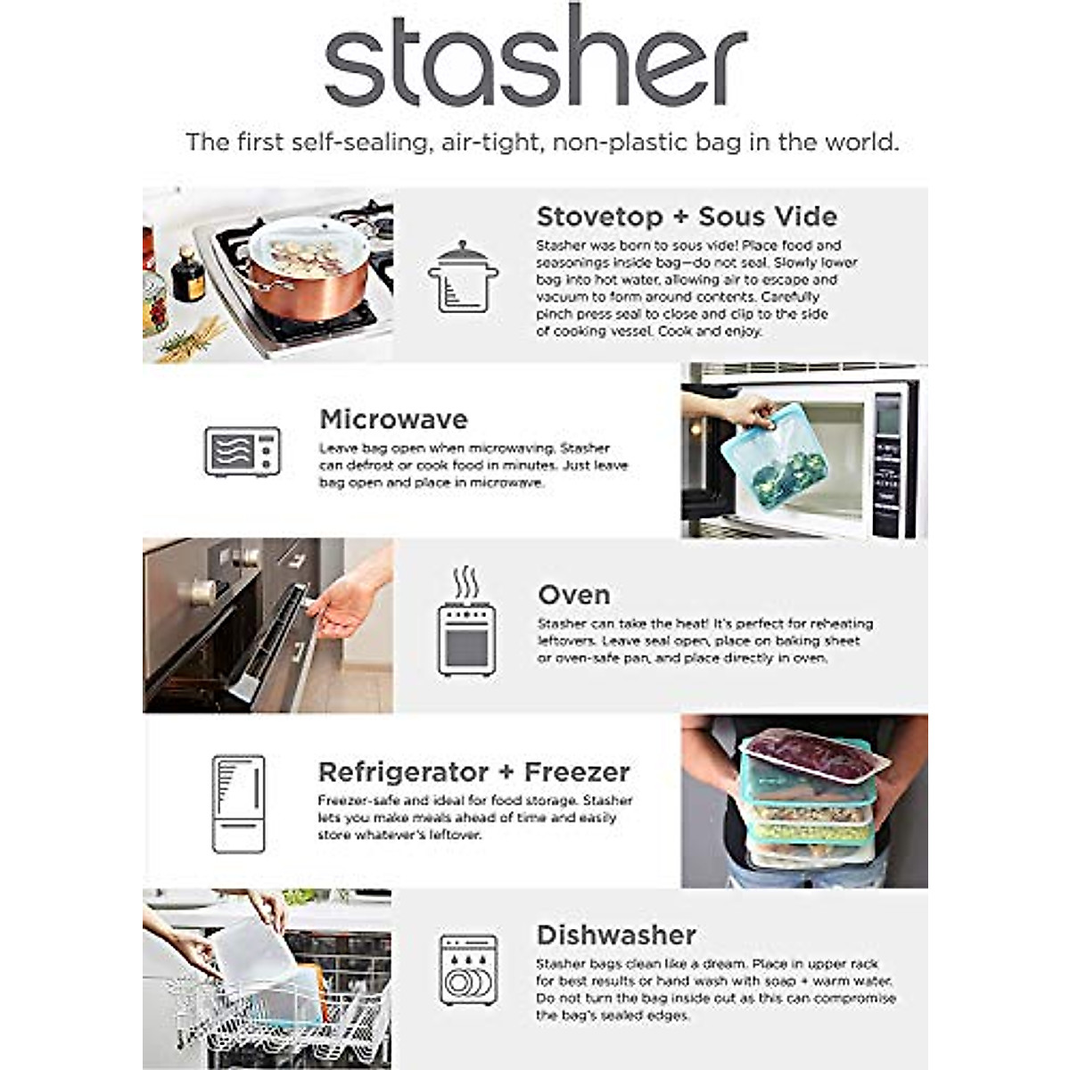 Stasher Re-Usable Food-Grade Platinum Silicone 64oz Bag for Eating from/Cooking, Freezing and Storing in/Sous Vide/Organising/Travelling, 26.05 cm x 20.95 cm, Clear