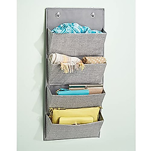 mDesign Soft Fabric Over The Door Hanging Storage Organizer with 4 Large Pockets for Closets in Bedrooms, Hallway, Entryway, Mudroom - Hooks Included - Textured Print, 2 Pack - Gray
