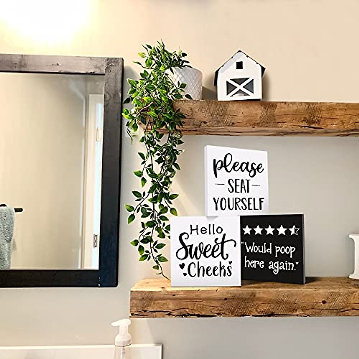 Zingoetrie Funny Bathroom Signs(Set of 3), Farmhouse Bathroom Wooden Wall Decor Restroom Humor Sayings Freestanding Quarter Bathroom Mini Blocks Decorations