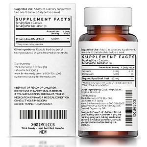 Think Remedy Aged Beet Root Capsules - Beet Pills for Stamina - Organic Beet Root Powder - Nitric Oxide Supplement - Nitrate No Sugar - 30 Capsules - Beet Root Supplement - Super