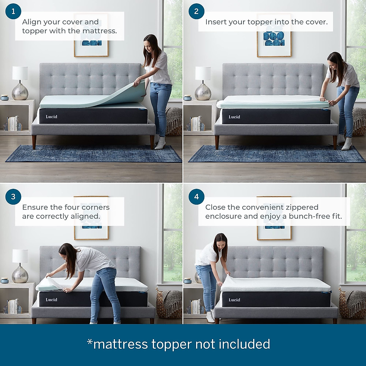Lucid 4 Inch Mattress Topper Cover California King - Twin Mattress Cover with Zipper - White
