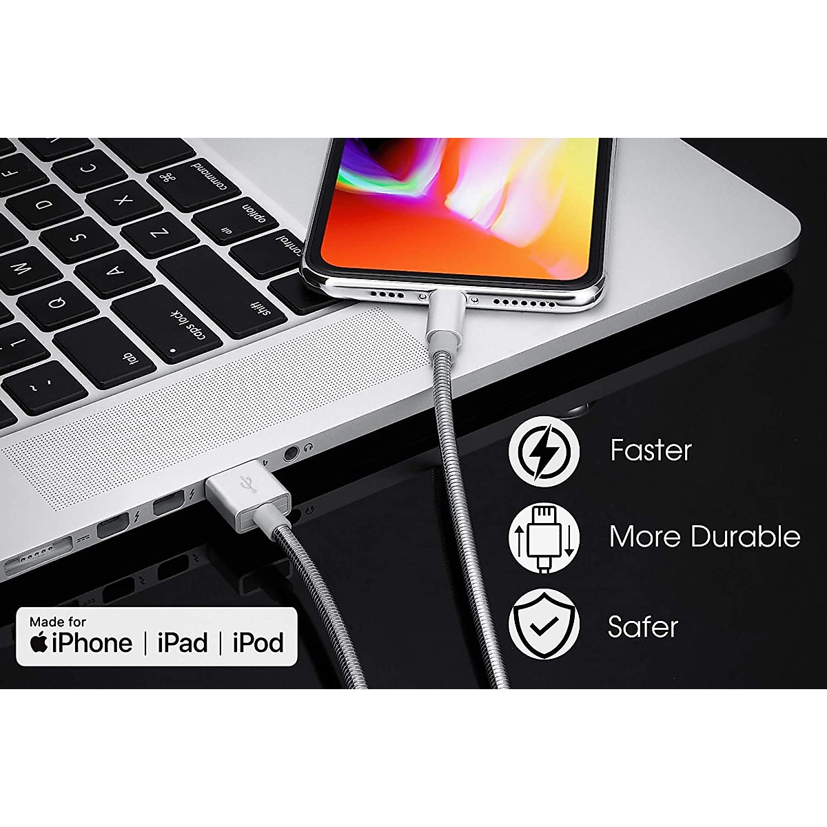 METZONIC Charger Cable [2 Pack, 6.6 Ft] Metal 304 Stainless Steel Braided USB Charging Cable High Speed Connector Data Sync Transfer Cord