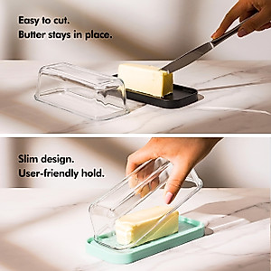 KIVY Glass butter dish with airtight lid that keeps butter soft - For countertop and refrigerator door shelf - Clear glass butter dish with cover - White Marble Butter holder with plastic plate