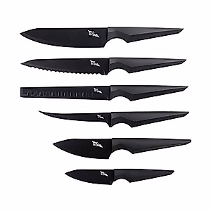 Edge of Belgravia Precision Extended Kitchen Knives 6 Piece Set Non-Stick Stainless Steel Blades (Black)…
