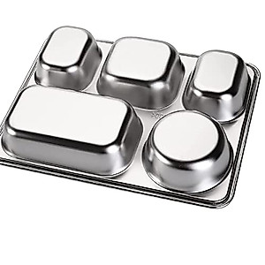 AIYoo 304 Stainless Steel Divided Plates with Lid for Adults Divided Dinner Tray 5 sections Bento Lunch Box Divided Food Containers