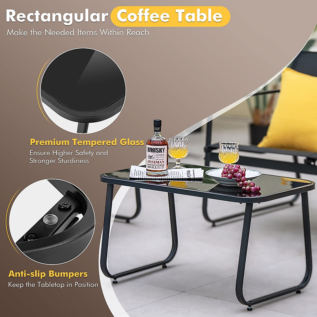 Tangkula 4 Pieces Patio Furniture Set, Outdoor Conversation Set with Tempered Glass Coffee Table, Outdoor Garden Porch Furniture Set with Breathable Fabric and Rustproof Metal Frame (1, Black)