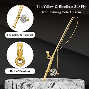 Auriga Fine Jewelry 14k Gold Rhodium 3-D Fly Rod Fishing Pole Charm, (L- 18.3 mm, W- 64.25 mm) Gift for Women