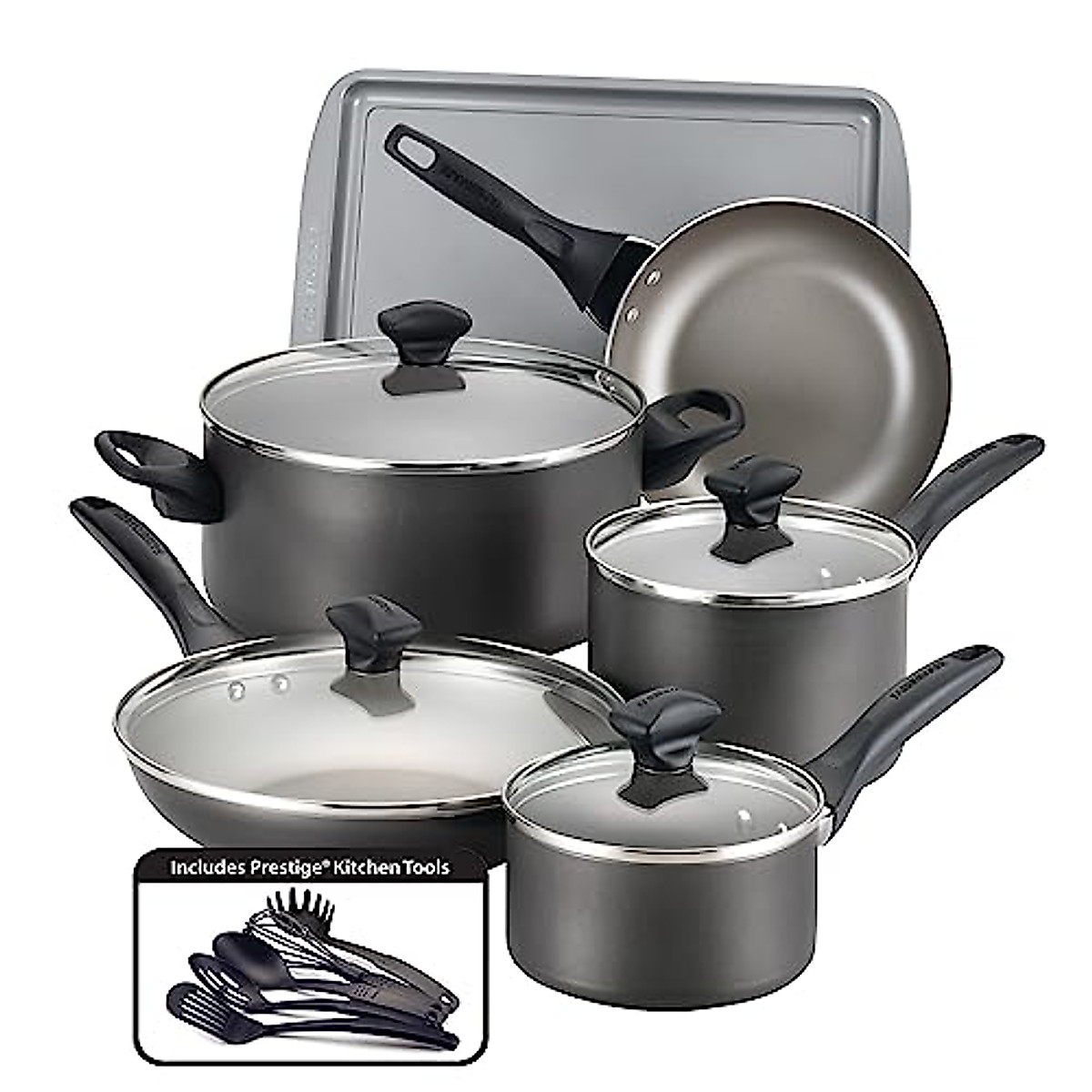 Farberware Dishwasher Safe Nonstick Cookware Pots and Pans Set, 15 Piece, Pewter
