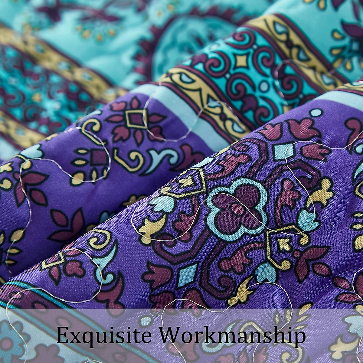 WONGS BEDDING Boho Quilt King Size, Blue Purple Bohemian King Quilt, Lightweight Microfiber Bed Decor Bedspread for All Season 103"x90"(3 Pieces)