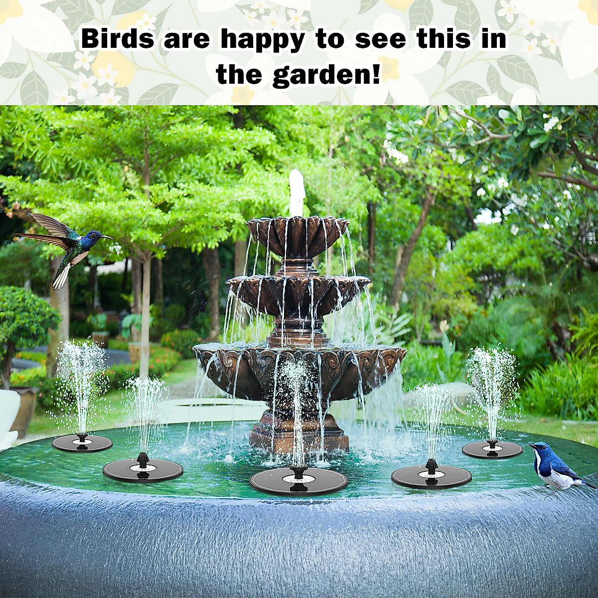 Yzert Solar Fountain Glass White Flower, 3.5W Bird Bath Fountains Solar Power No Battery with 4 Fixed Rods & 7 Nozzles, 2024 Solar Fountain Pump for Bird Bath, Garden, Outdoor, Pond, Pool,Hummingbird