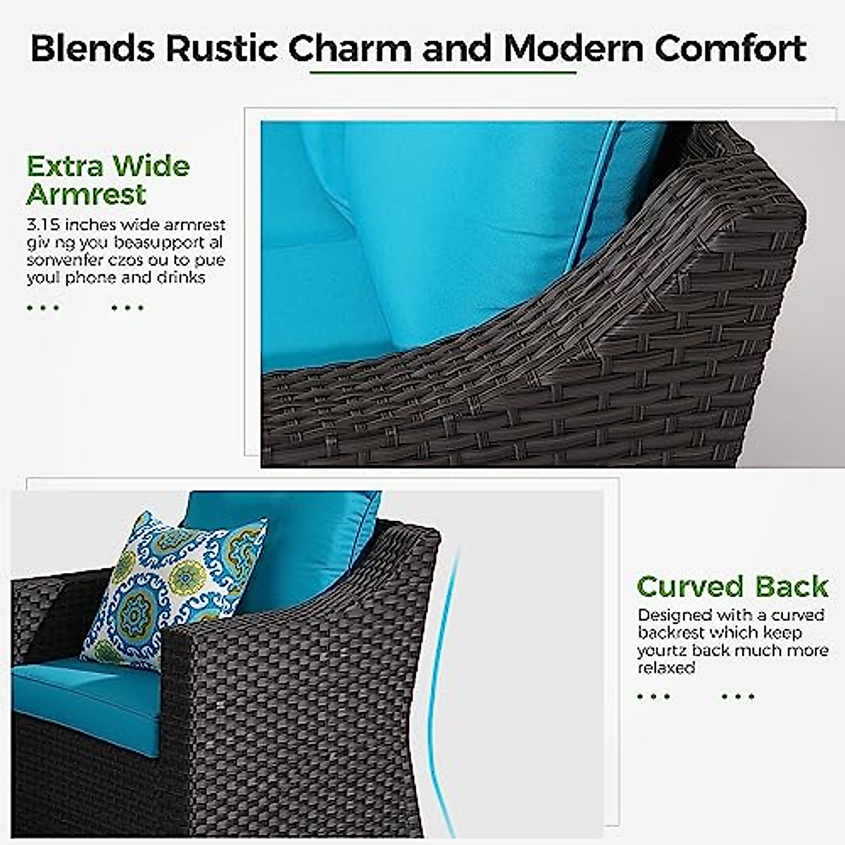 HEYNEMO Outdoor Patio Furniture Sets, 4 Pieces Outdoor Sectional Rattan Sofa Set, Brown PE Wicker Patio Conversation Sets with 8 PCS Lake Blue Washable Cushion and Tempered Glass Table