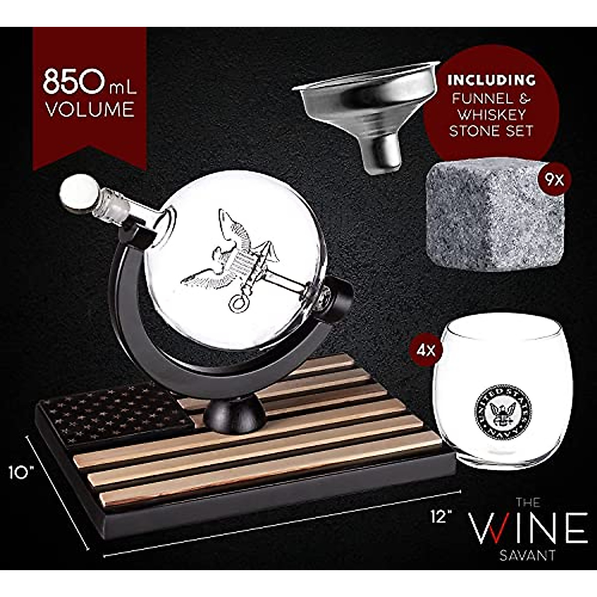 Globe Whiskey Decanter Set with 4 Liquor Glasses - Navy Whisky Decanter & Glass Set with Wood Base and 9 Whiskey Stones - Father's Day - Navy Gifts for Men - Bourbon and Scotch Military Gifts for Dad