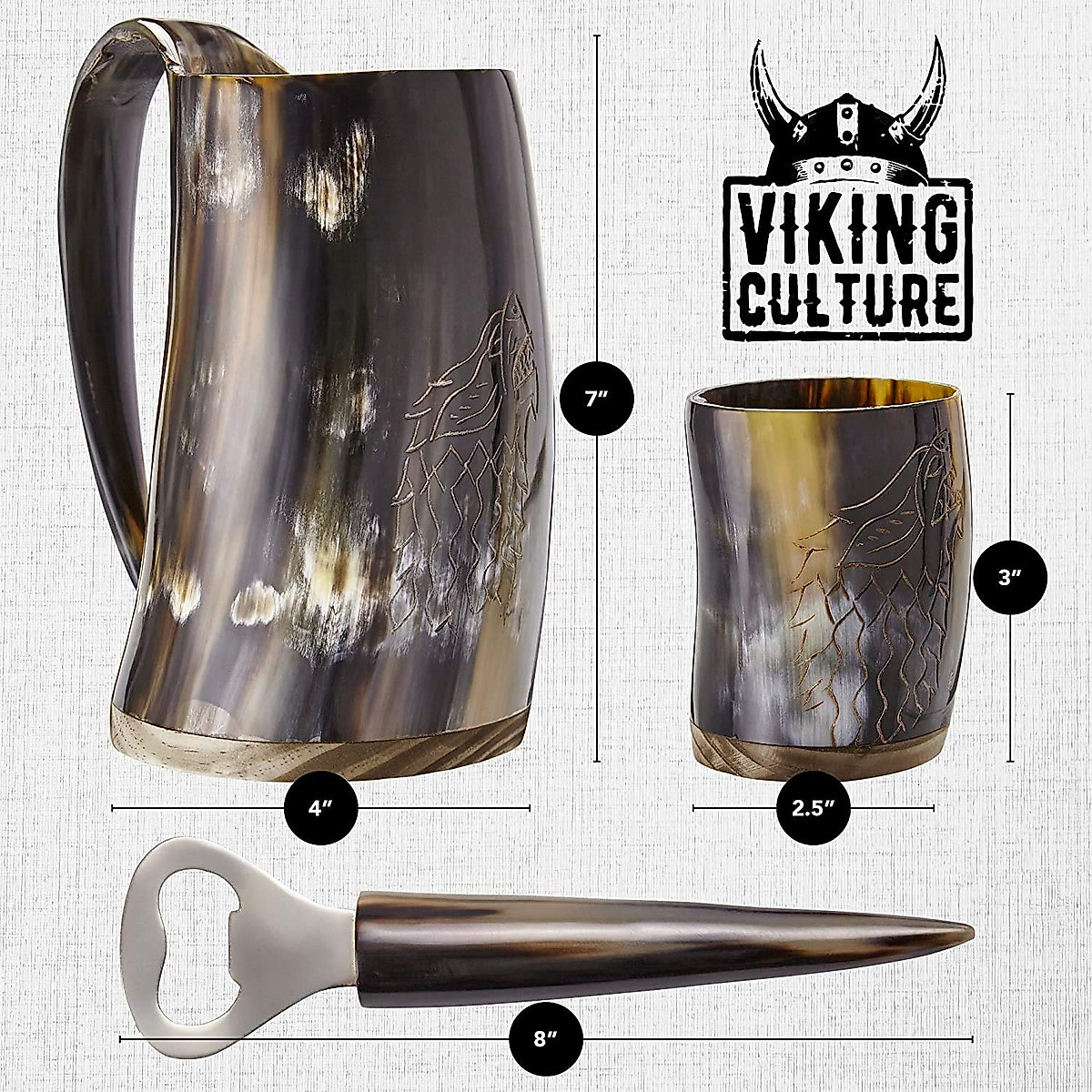 Viking Culture Ox Horn Mug, Shot Glass, and Bottle Opener (3 Pc. Set) Authentic 16-oz. Ale Intricate Design Wolf/Fenrir + 2-Piece Viking Knife Set - Raven-Head Viking Knife