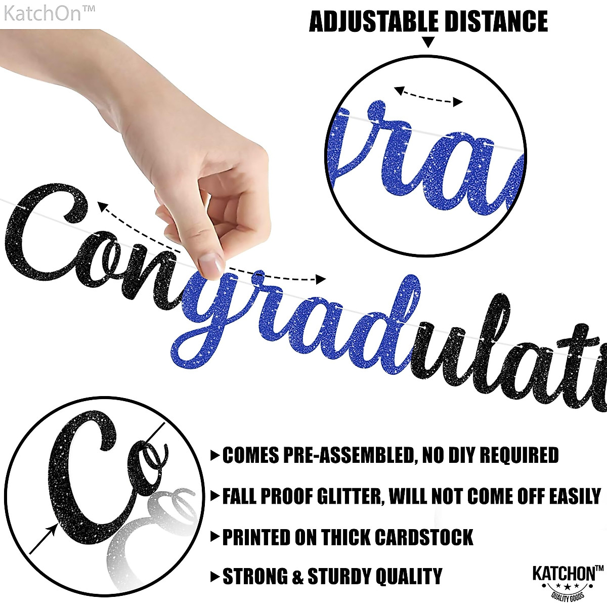 KatchOn, Glitter Congratulations Banner - 10 Feet | Pre- Strung Congrats Grad Banner | Black and Blue Graduation Decorations Class of 2024 | Graduation Cap Garland for Congratulations Decorations