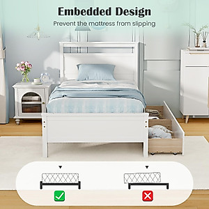 Giantex Wood Twin Bed with 2 Storage Drawers, Solid Wood Platform Bed with Headboard, Single Bed Wooden Slats Support, No Spring Needed, Twin Bed Frame for Kids, Teens, Adults (White)
