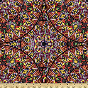 Ambesonne Bohemian Fabric by The Yard, Colorful Round with Floral Details Traditional Peruvian Motifs, Decorative Fabric for Upholstery and Home Accents, 1 Yard, Coral