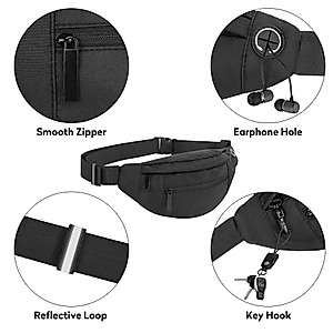 Viqueen Fashion Large Fanny Waist Pack Crossbody Belt Bag for Women and Men,Lightweight Bag with Zipper and Pockets,Water Resistant,Hands Free Phone Carrying,for Running,Sports(Black)