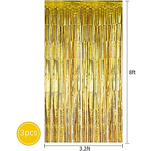 3Pcs Gold Metallic Tinsel Foil Fringe Curtains,3.2ft*8ft Gold Photo Booth Backdrop Streamer,Photo Booth Props,for Party Door Wall Curtains Bachelorette Birthday, Christmas,New Year Decorations