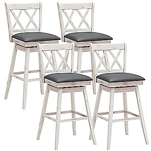 COSTWAY Bar Stool Set of 4, 360 ° Swivel Bar Height 29.5 inch Bar Stool with Foot Rest Upholstered Cushion & Ergonomic Backrest, Sturdy Frame, for Pub, Restaurant, Home (4, Antique White + Grey)