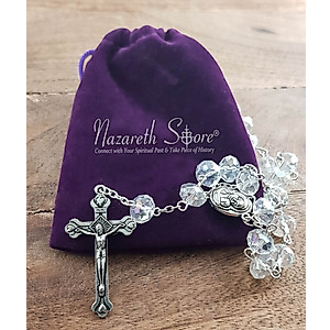 Nazareth Store White Clear Crystal Beads Rosary Prayer Beaded Necklace with Holy Soil Medal and Jesus Cross Communion Rosary
