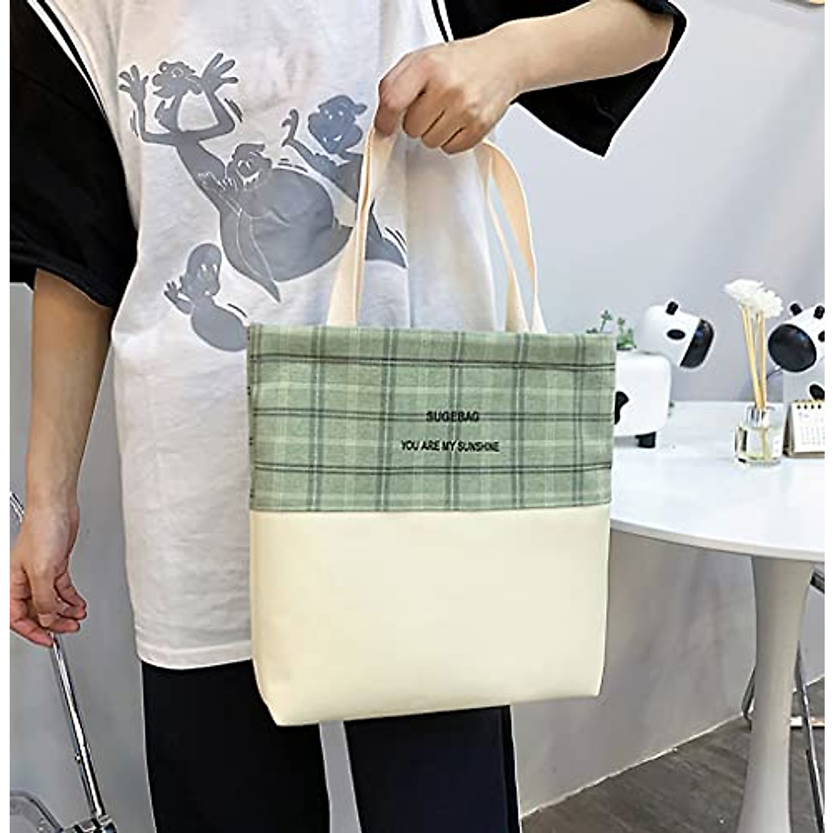 DAHUOJI 5Pcs Kawaii Backpack Set with Badge & Duck Pendant,Japanese Aesthetic Check Bookbag for Girls Cute Plaid School Bags Comes with Tote Bag,Shoulder Bag,Pencil Box,Small Bag(Green,16in)